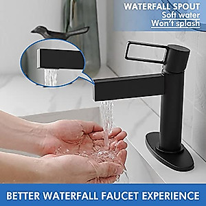 RUMOSE Black Bathroom Faucet Single Handle Bathroom Sink Faucet Basin Mixer Tap with 6 in Deck Plate for 1 & 3 Hole Waterfall Spout Bathroom Faucet Rv Lavatory Vessel Faucet, Brass, Matte Black