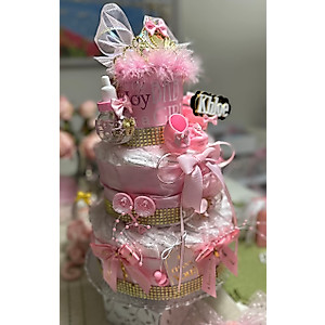 Baby Girl Diaper Cake in Pink and Gold Three Tier with Princess Headband