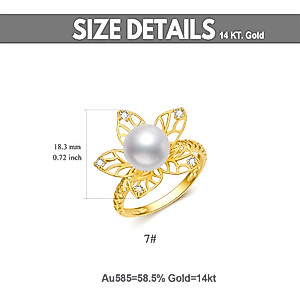 14K Solid Gold Flower Ring for Women,Yellow Gold 9MM Freshwater Pearl Engagement Ring/Wedding Band/Wedding Anniversary Birthday Gifts for Her Size 5-11