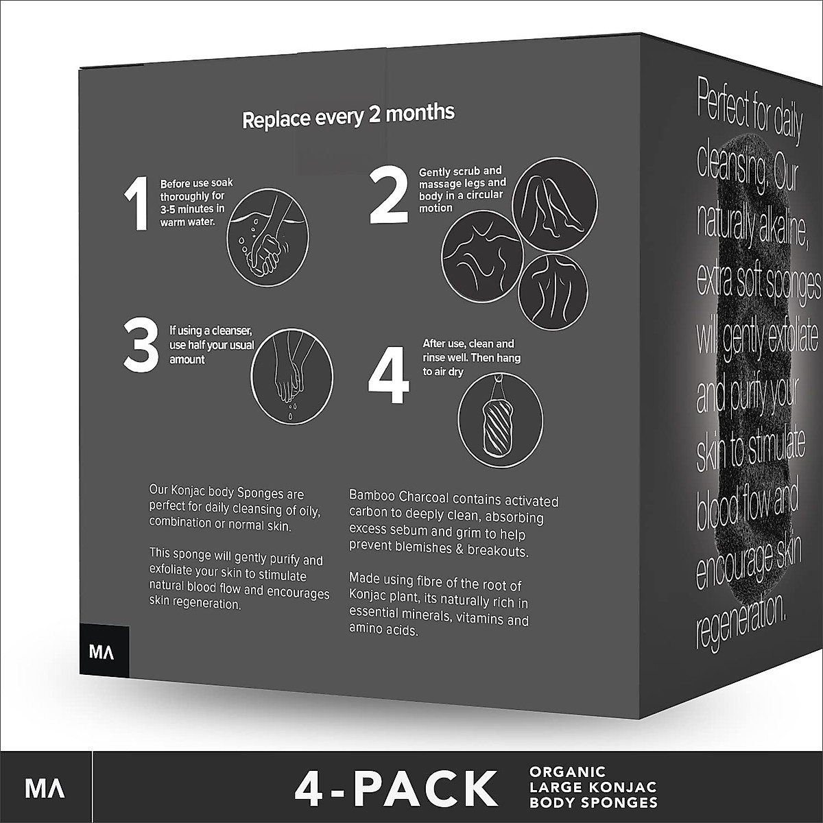 Minamul Konjac Exfoliating Organic Body Sponge | Gentle Daily Body face Scrub/Skincare | Infused with Best Bamboo Activated Charcoal | Safe for Oily, Dry, Combination or Sensitive Skin | 4 Pack Set