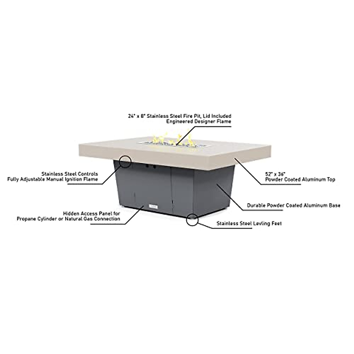 COOKE Palisades Rectangular Fire Pit Table - 52x36 - Chat Height - Natural Gas - Beige Powdercoat Top with 6cm Edge - Beige Powdercoat Base