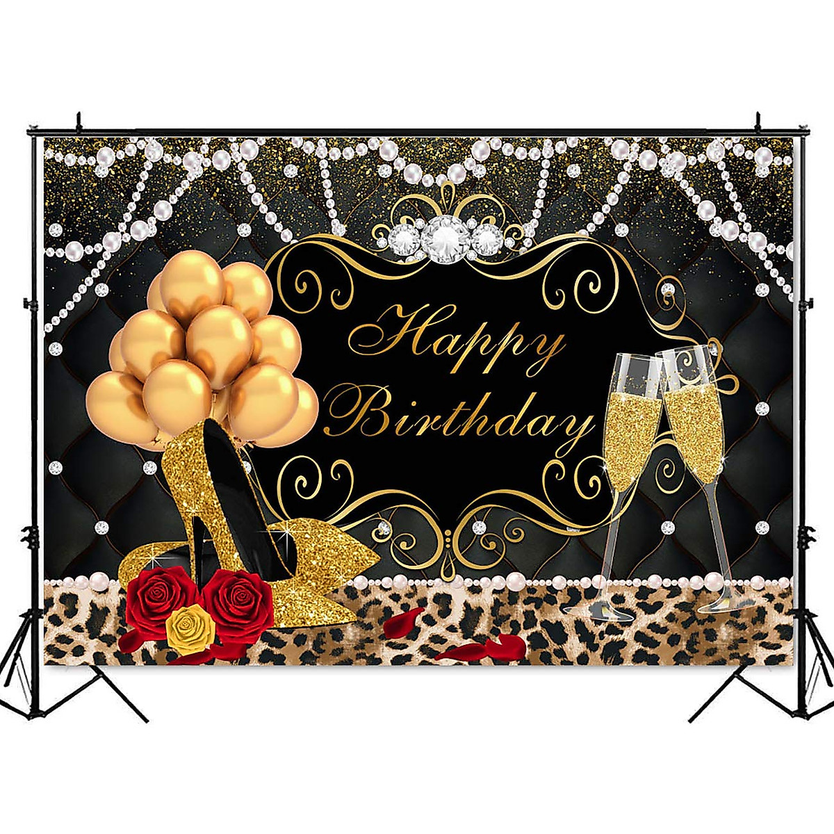Mocsicka Gold High Heels Birthday Backdrop Pearl Leopard Red Rose Birthday Party Banner for Women Gold Glitter 21st 30th 40th 50th 60th Birthday Party Decoration (8x6ft(96x72 inch))