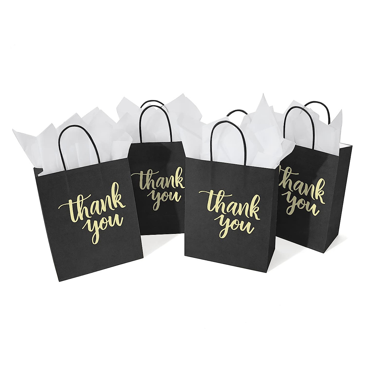 DjinnGlory 50 Pack Medium Black Thank You Paper Bags with Handles and 24 Sheet White Tissue Paper for Small Business, Shopping, Wedding, Baby Shower, Party Favors (Medium 10''x8''x4'', Black)