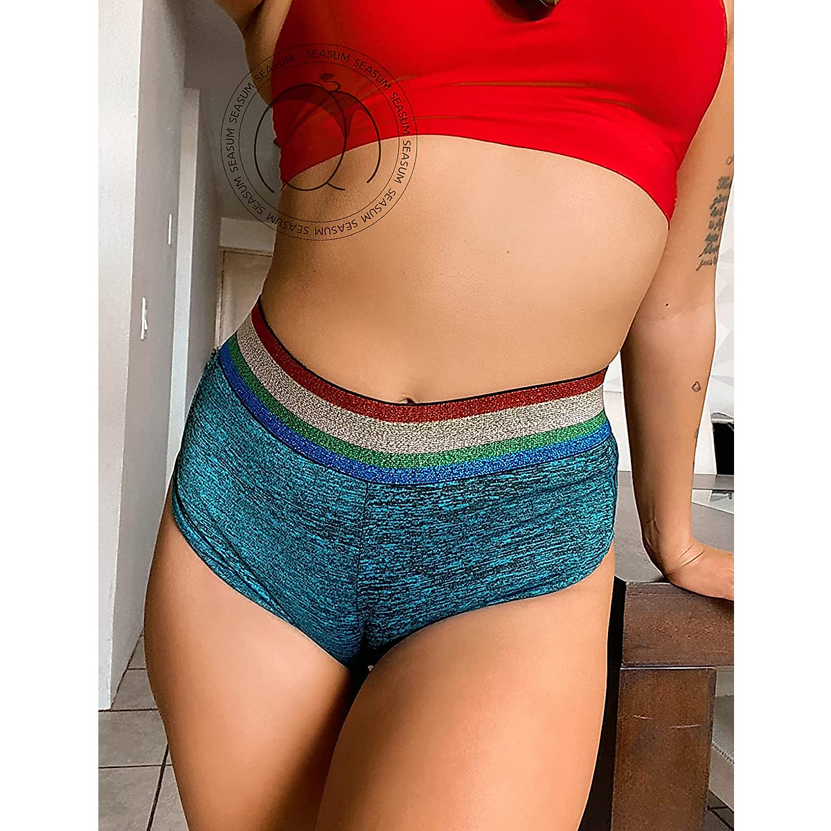 SEASUM Women Sexy Booty Shorts High Waisted Butt Lifting Hot Dance Costume Exotic Rave Clubwear S