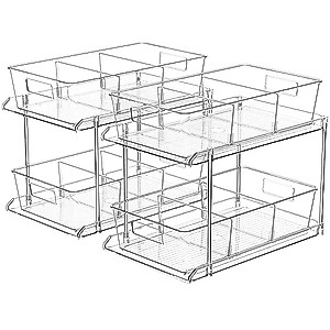 Fabspace Pull-out Home Organizer, 2 Pack 2 Tier Clear Bathroom Organizer with Dividers, Multipurpose Vanity Counter Tray, Kitchen, Closet Organizers, Cabinet & Storage Container Bins