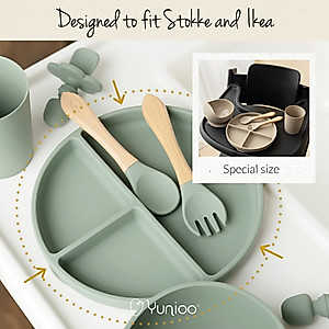 Yunioo Extra Heavy Silicone Baby Feeding Set Essentials, Premium 9-Piece Set of Baby Led Weaning Supplies with Silicone Baby Plate with Lid, Superior Suction Bowl and Baby Utensils - Green