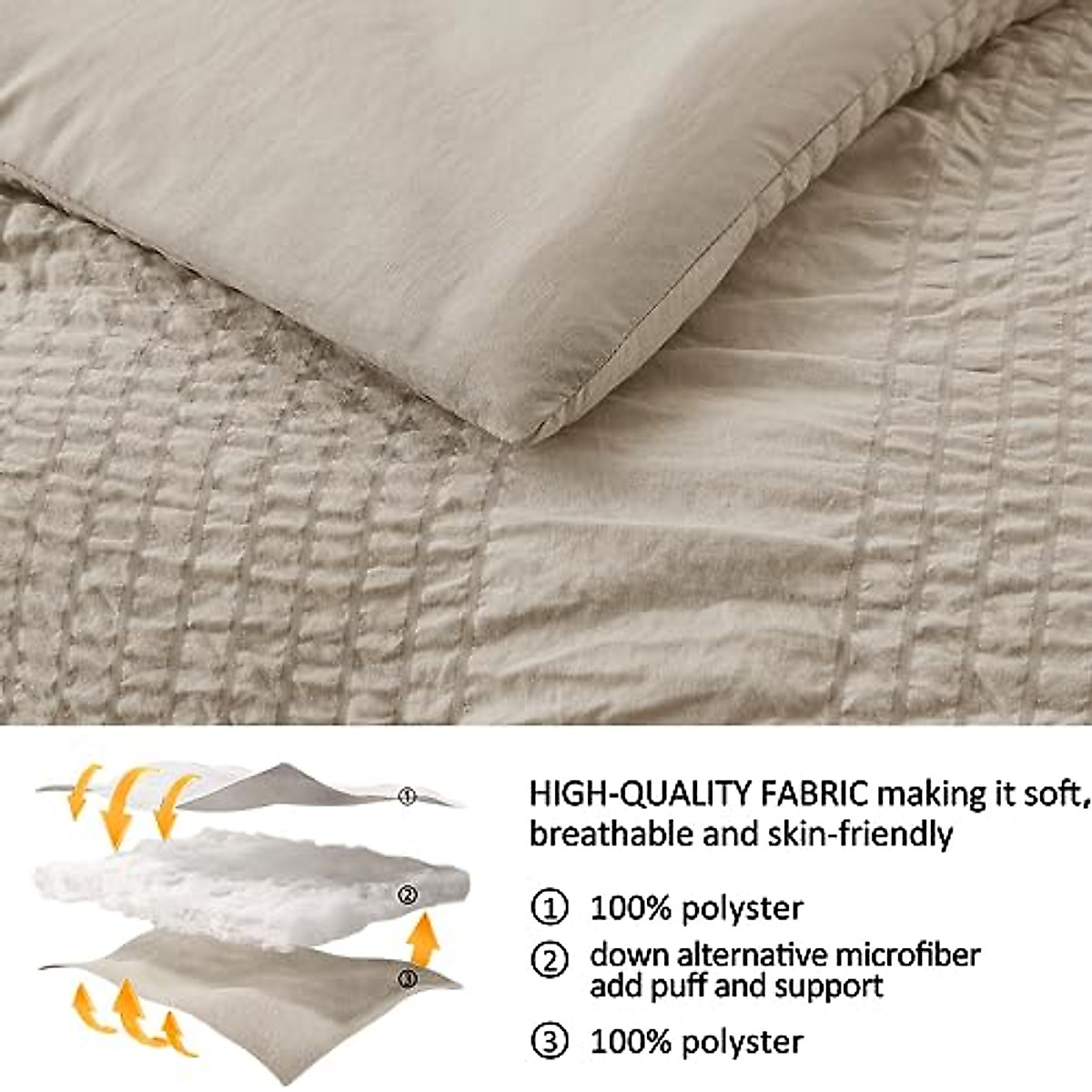 palassio Seersucker Beige King Size Comforter Set, 3 Pieces Soft Washed Microfiber Tan with 2 Pillow Cases, Cream Fluffy Down Alternative Bedding for All Season 104x90 inches