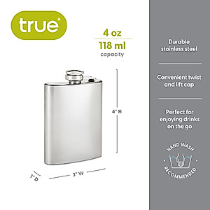 TRUE Stainless Steel Metal Men and Women Drinking Flasks for Vodka Whiskey Tequila Rum Cocktails, Travel, Backpacking, 4 oz, Set of 1, Silver