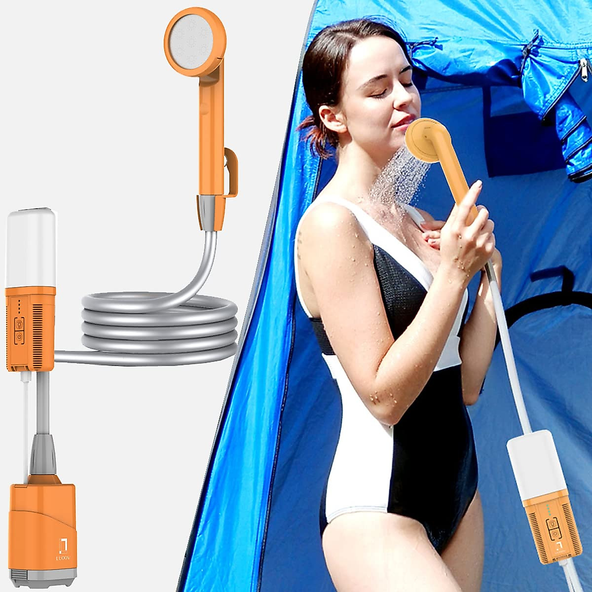 Portable Camping Shower, Handheld Camp Pump with Rechargeable 4400mAH Battery and 130LM Lighting Device for Outdoor Camping,Hiking,Traveling