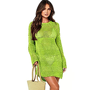 ANRABESS Women Swimsuit Crochet Swim Cover Up Summer Bathing Suit Swimwear Knit Pullover Beach Dress 958yingguanglv-L