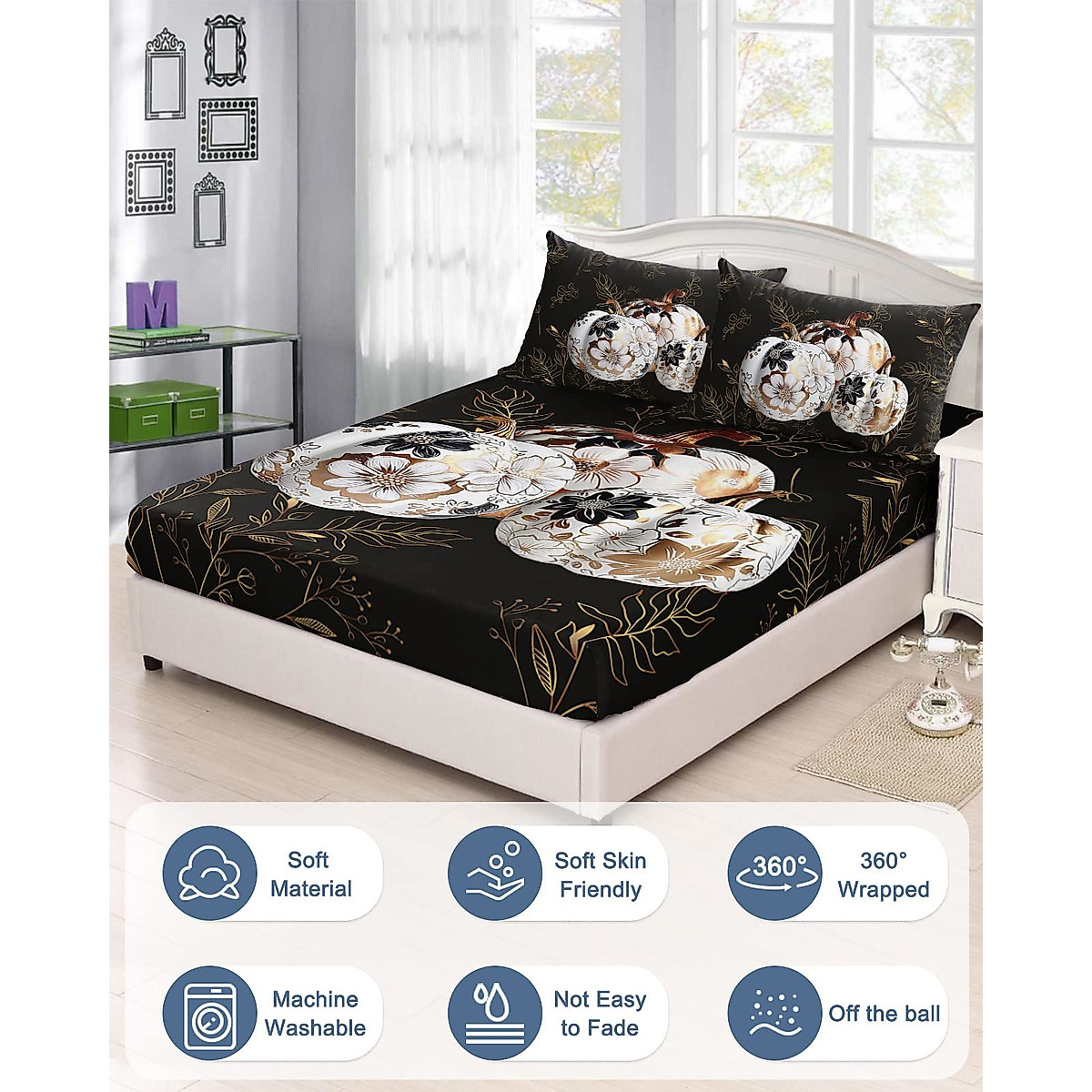 Bedding Full Size Fitted Sheets Fit 5"-16" Deep Pocket Mattress,Flower Sketch Oil Painting Pumpkin Soft Bottom Sheet Autumn Gold Leaves on Black Fitted Sheet Bed Set with Pillow Case