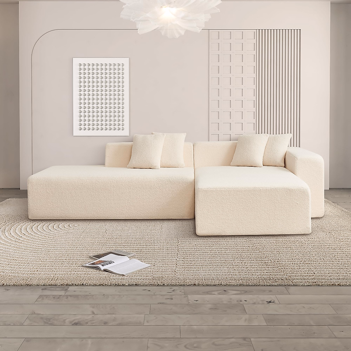 VnndeNest 105" Modular Sectional Couch, Comfy Upholstered L-Shape Sectional Sofa with Left Chaise Lounge, Lambwool Sherpa Fabric Corner Sofa, 4 Seater Cloud Sofa for Living Room, Bedroom, Beige