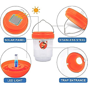2 Pack Solar Wasp Traps, Solar Powered Wasp Killer Hanging with UV LED Light, Reusable Bee Trap Catcher Outdoor for Hornets, Yellow Jackets