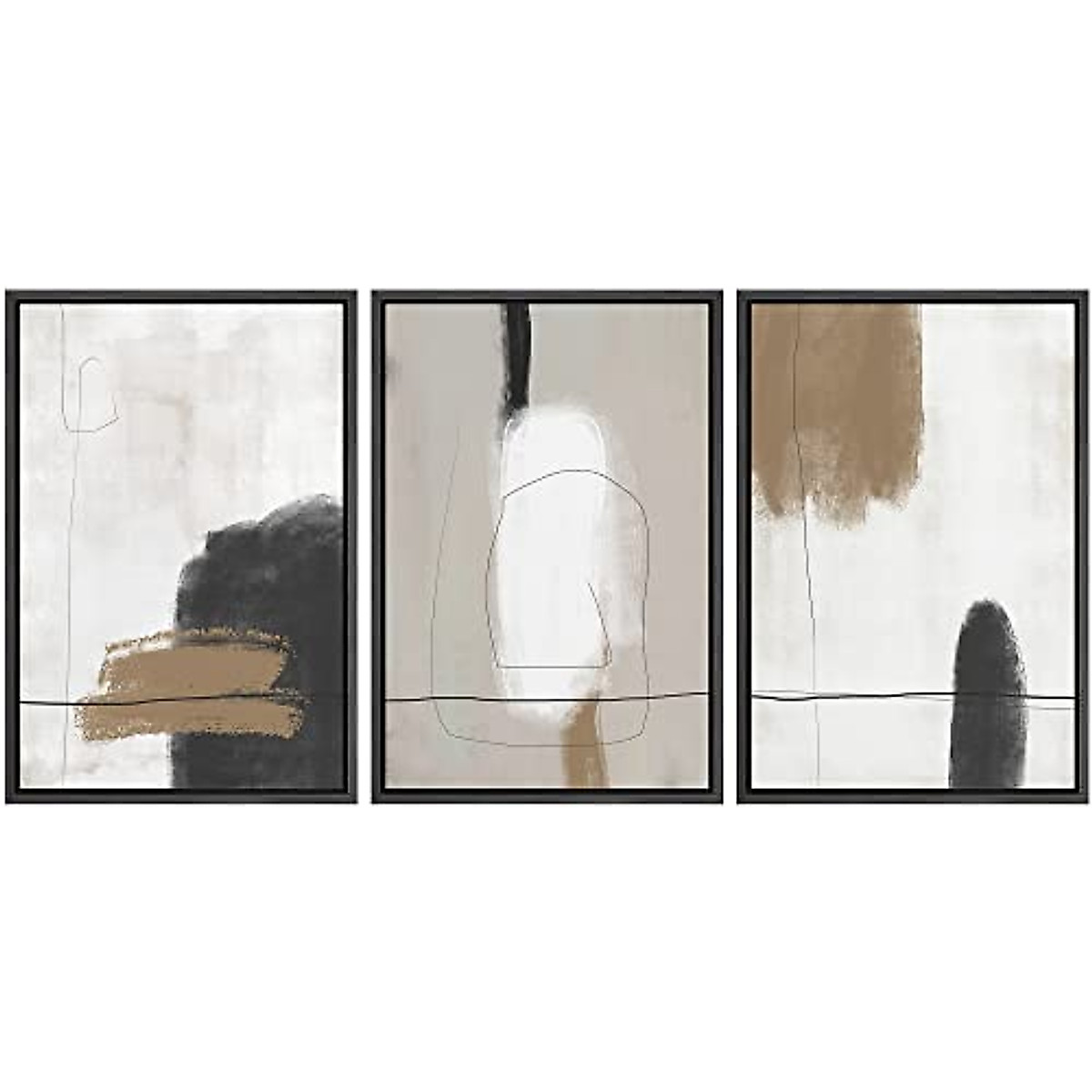 SIGNFORD Framed Canvas Print Wall Art Set Grunge Brown White Paint Strokes Abstract Shapes Illustrations Modern Art Bohemian Nordic Relax/Calm for Living Room, Bedroom, Office - 24"x36"x3 Black