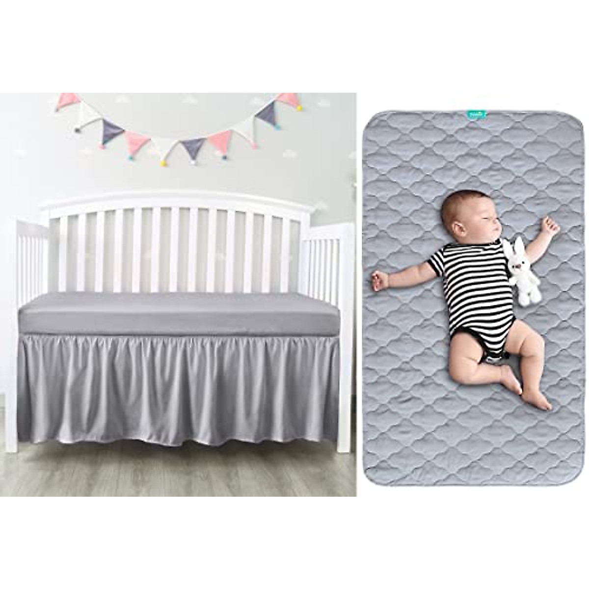 Waterproof Crib Mattress Protector Pad & Crib Skirt Grey Pleated Dust Ruffle