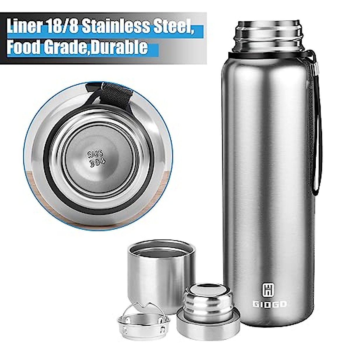 Insulated vacuum Thermo Bottle 1000ml/33oz with cup Stainless steel coffee bottles for hot and cold drink water flask.(Silver,1000ml)