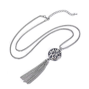 Long Tassel Pendant Necklaces For Women - Faux Pearl Necklace with Silver Chain, Fashion Jewelry For Lady(Leopard gray)