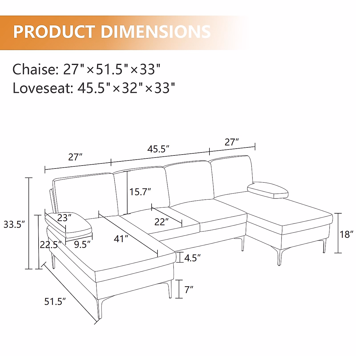 Lakifun Modular Sectional Sofa Couch for Living Room, U Shaped Convertible Lounge Sofa with Loveseat & Double Chaise, 4 Seater Comfy Fabric Couch Set for Home Office (Gray)