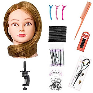 SILKY 26"-28" Long Hair Mannequin Head with 60% Real Hair, Hairdresser Practice Training Head Cosmetology Manikin Doll Head with 9 Tools and Clamp - #27 Golden, Makeup On