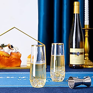 N9R 12 Pack Plastic Champagne Flutes, 9 oz Stemless Disposable Gold Rim Toasting Glasses, Crystal Clear Cocktail Cups Drinkware Shatterproof Ideal for Party Wedding Birthday