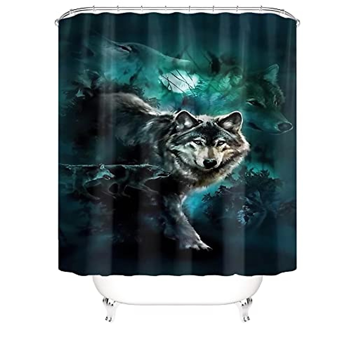 StarBlue-HGS Moonlit Night Wolf Shower Curtain Set with Non-Slip Rugs, Toilet Lid Cover and Bath Mat Accessories with Hook Bathroom Decor