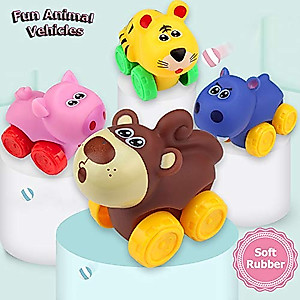 Liberty Imports 12 Pack Soft Animal Cars, Rubber Mini Toy Vehicles Push and Go Baby Cars with Wheels in Storage Bucket, Party Favors for Toddlers Kids Imaginative Play