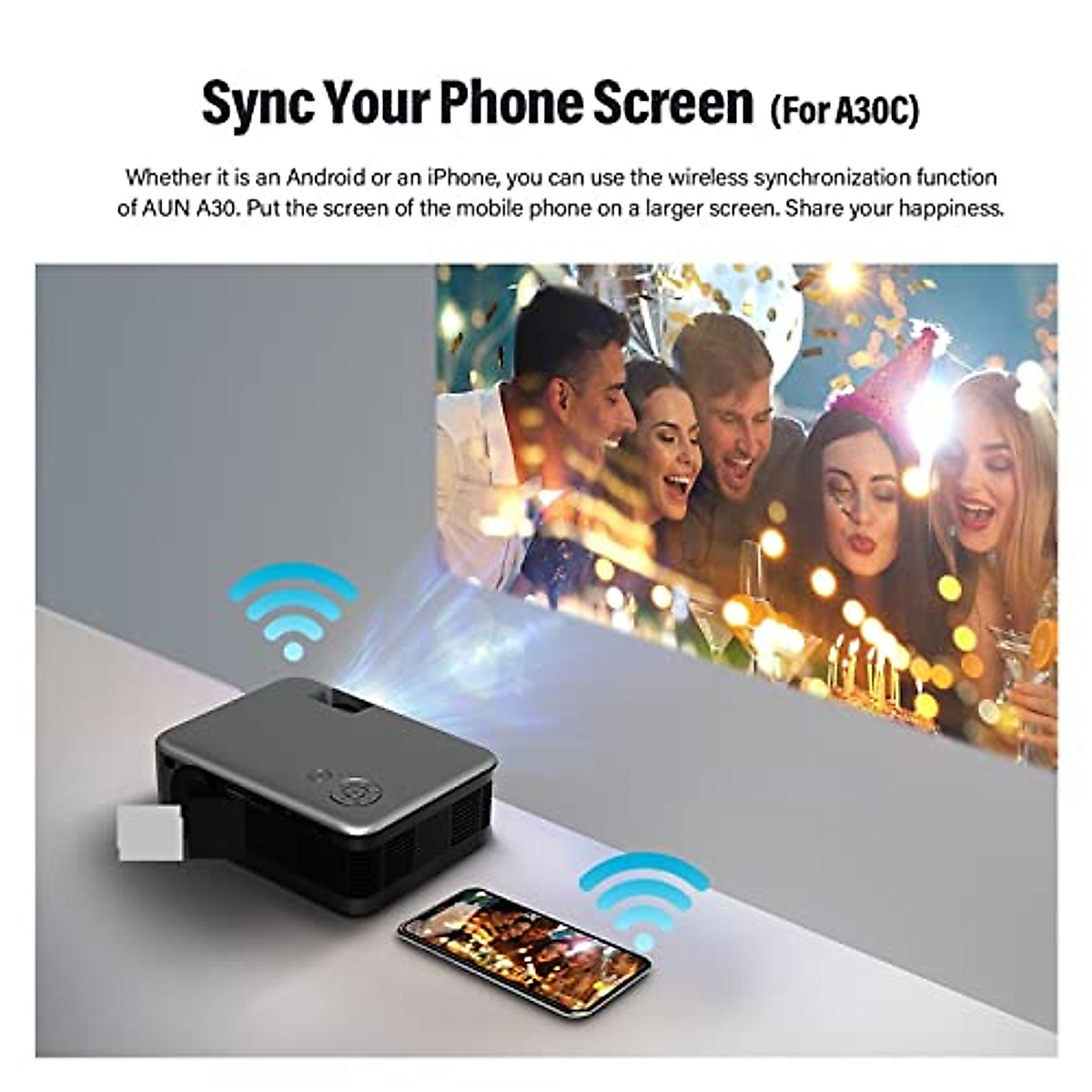 Mini Projector 4K Home Theater Theater Portable WiFi Projector LED Laser Smart TV syncing 3D Movies for Mobile Phone (Color : A30C, Size : EU Plug)