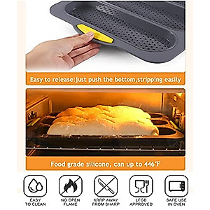 MUJUZE Silicone Loaf Pan Baking Pan for Baking French Baguettes/Hot Dog Buns, bread mold for baking with 6 Muffin Cups,Nonstick &Easy Clean&Heat Resistant Silicone Loaf Pan with Four-hole Baguette