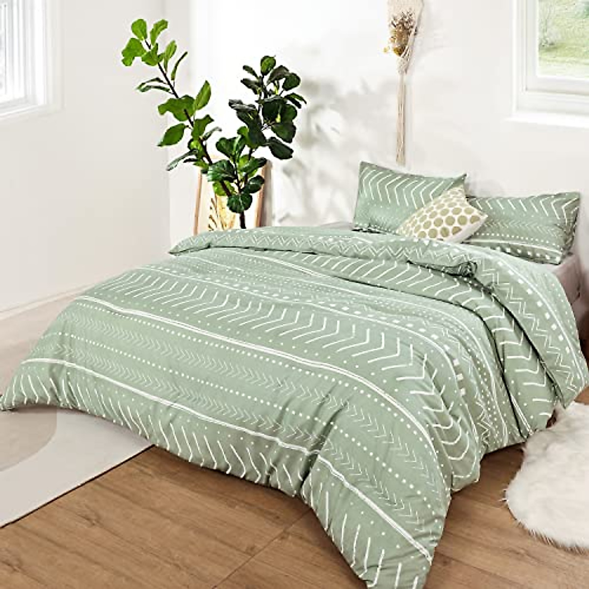 Smoofy Aztec Sage Green California King Size Comforter Set, Pattern Bedding Sets Cal King Boho Aztec Bohemian King Comforter Set with Soft Microfiber Fill Bedding, 1 Comforter 2 Pillowcases
