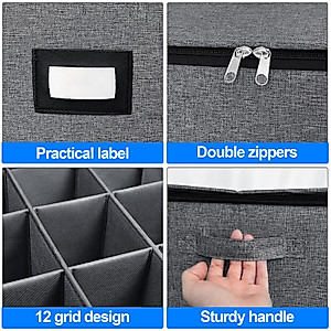 Wine glass Storage Box with Divider - China Storage Containers Hard Shell Stemware Storage Bins with Lids Holds 12 Wine Glass or Crystal Glassware Case, Stackable with Label Window (Dark Grey)