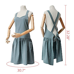 NEWGEM Cotton Linen Cross Back Apron for Women with Pockets for Baking Painting Pink with Waist Ties