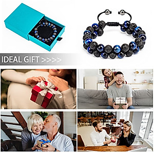 Protection Bracelet,Natural Blue Tiger Eye Black Lava Rock Stone Bracelet,Healing Bracelet for Men Women Bring Good Luck Prosperity and Happiness