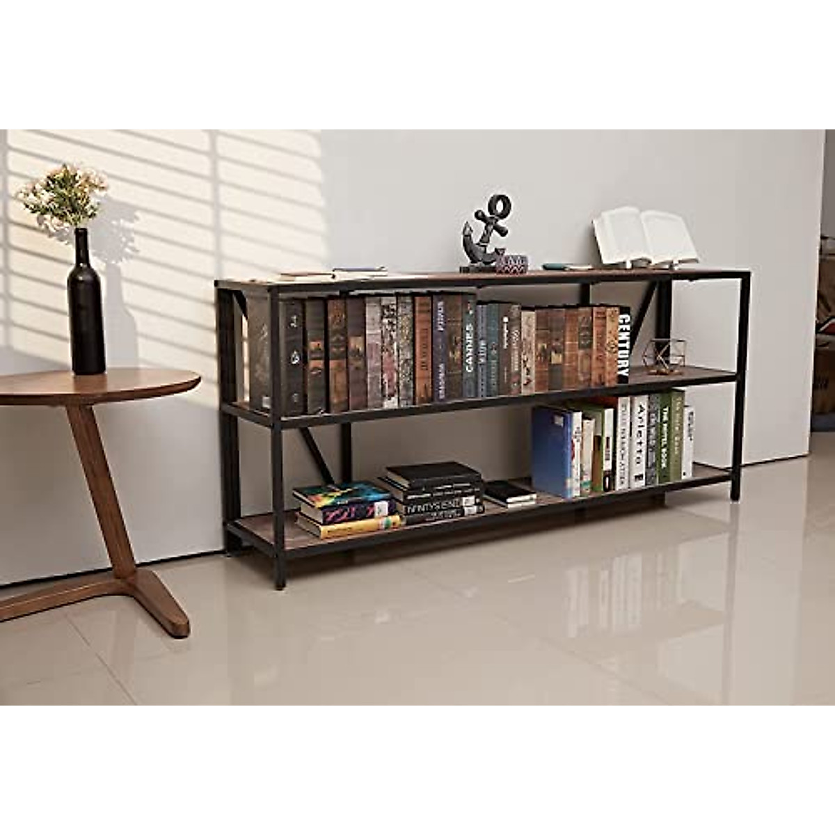 Industrial Bookshelf 3 Shelf Bookcase,Rustic Farmhouse Book Shelves,Solid Wood Three Tier Open Bookcase ,Industrial Wood and Black Metal Bookshelves, Industrial Bookshelf for Living Room Home Office