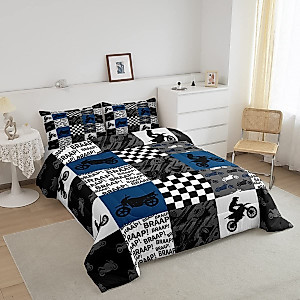 Castle Fairy,Dirt Bike Comforter Set Twin Size Black Grey Blue Motocross Rider Bedding Set Kids Boys Teens Men Racing Themed Patchwork Grid Quilt Set Fashion Motorcycle Silhouette Duvet Insert 2pcs