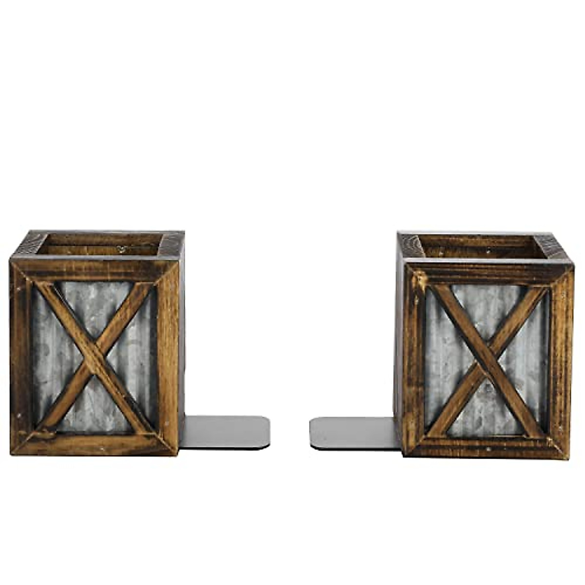 MyGift Rustic Burnt Wood Decorative Bookends, Wooden and Galvanized Metal Desktop Book Stands with Pen Holder Pencil Cup Stationery Storage Bins, 1 Pair