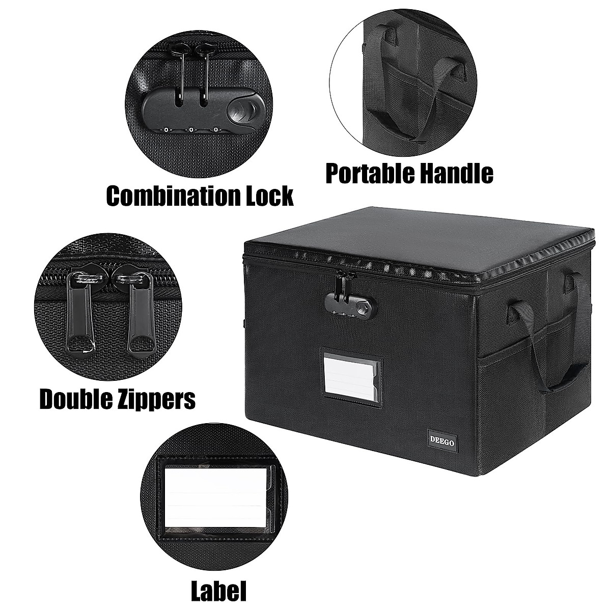 Fireproof Document Box, Water-Resistant File Organizer Box with Lock, Portable File Box with Handle Document Organizer Collapsible File Cabinets for Home Office for Hanging Letter/Legal Folder, Black