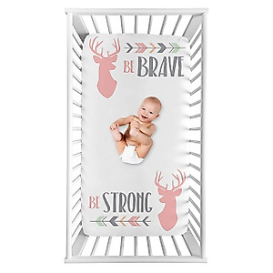 Sweet Jojo Designs Woodland Deer Girl Fitted Crib Sheet Baby or Toddler Bed Nursery Photo Op - Coral, Mint and Grey Woodsy Arrow