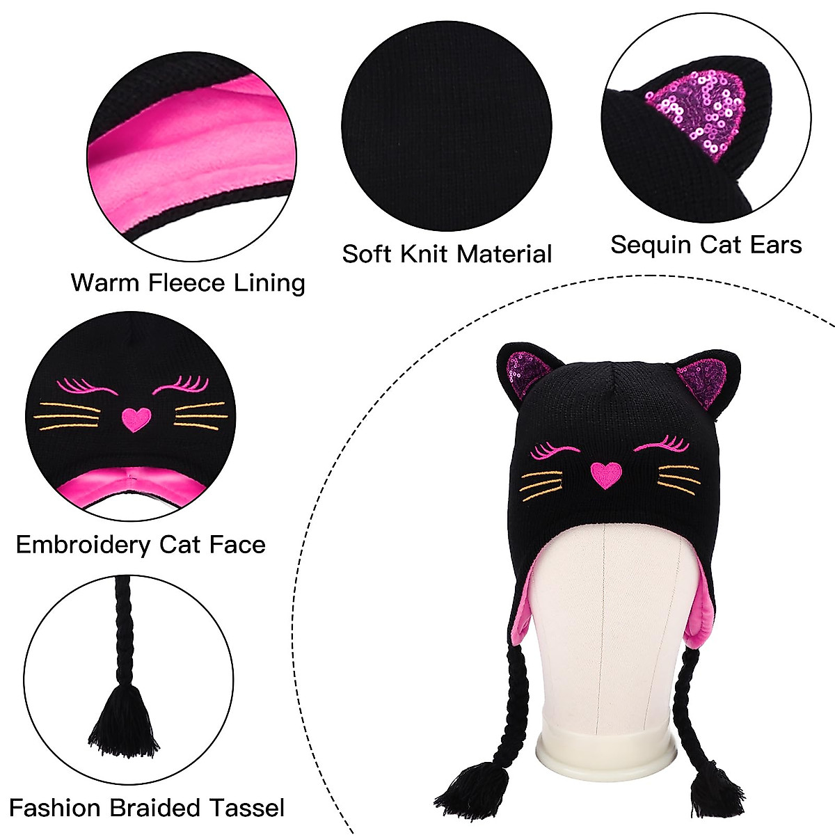 Girl Knit Cat Ear Beanie Hat and Glove Set Kids Winter Earflap with Braided Ski Skull Cap Mitten Set Age 3-7