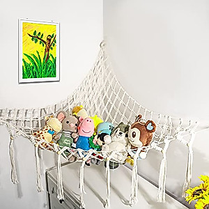 Stuffed Animal Hammock, Toy Hammock Stuffed Animal Net with Tassels Macrame, Corner Plush Toys Net Holder Hanging Net Storage Organizer for Boho Nursery, Play Room, Kids Bedroom