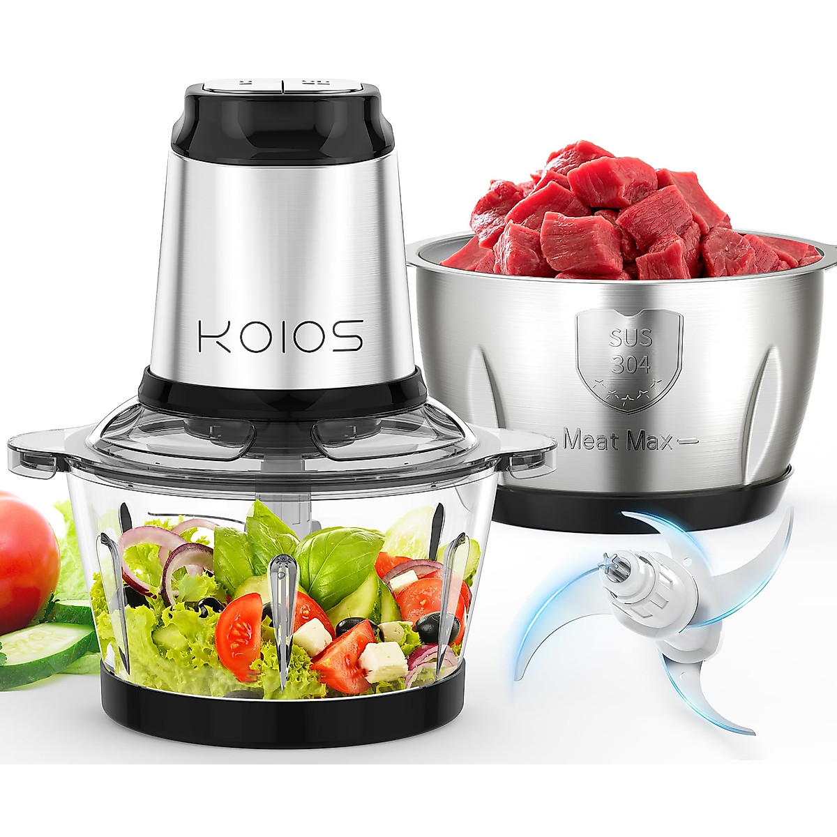 KOIOS 500W Powerful Electric Food Processor with 8 Cup Stainless Steel & Glass Bowls, 2 Speed Mode Electric Food Chopper with 2 Sets Blades Electric Meat Grinder Chopper for Family & Baby Use, Black