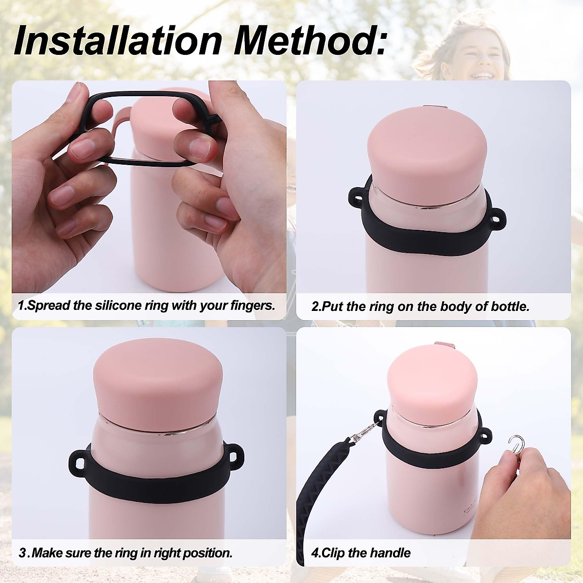 Palksky Water Bottle Strap, Silicone Strap for Water Bottle Sling Handle Waterproof Quick Drying with Safety Ring Carabiner for Most 8-40oz Bottles Compatible with Stanley Cup Accessories Black