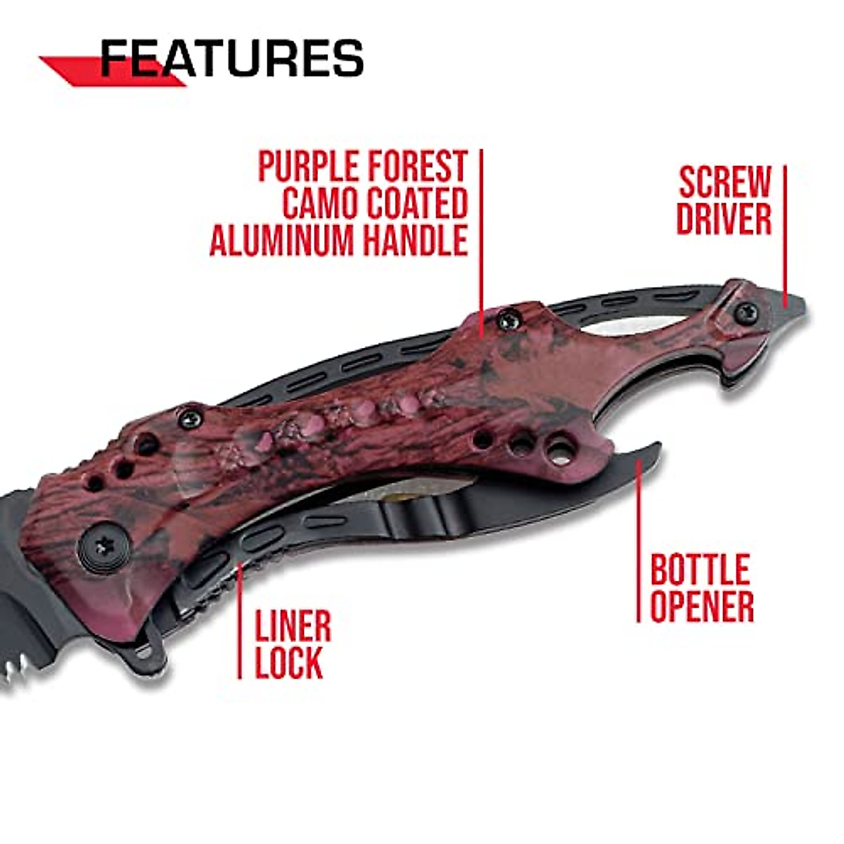 Tac-Force- Spring Assisted Folding Pocket Knife – Black Stainless Steel Blade with Black Aluminum Handle, Bottle Opener, Glass Punch and Pocket Clip, Tactical, EDC, Rescue - TF-705BK