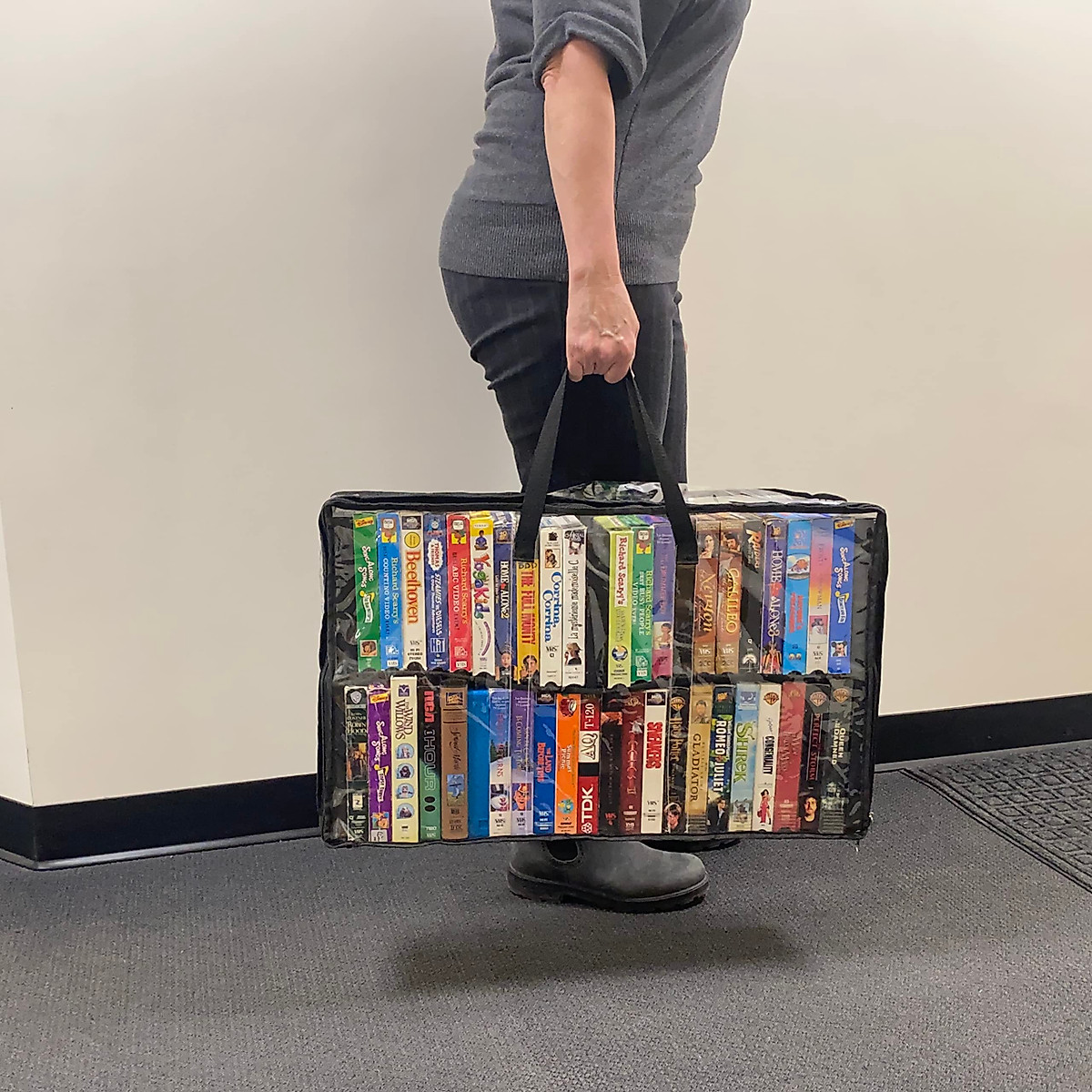 Evelots 4 Pack-VHS Movie Tape Storage Bag/Case, Clear PVC Plastic-Holds 200 Total, Strong Handles-No Dirt/Moisture/Dust