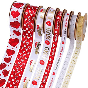 8 Rolls Hearts Ribbon Set, Valentine's Day Satin Ribbons, Printed Heart Ribbons for Gift Wrapping, Wedding Birthday Party Decorations, Crafts DIY Supplies(10mm/16mm/25mm in Width)