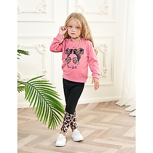 KIDLAGA Toddler Girl Clothes Figure Graphic Drop Shoulder Top Pullover Leopard Print Pants Fall Winter Outfit Set(5-6T)