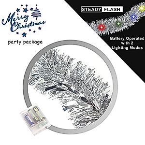 KIMOBER 32.8 Ft Christmas Prelit Tinsel Garland, Silver Metallic Garland with 100 LED Lights for Christmas Tree Decoration,Wedding Party Supplies