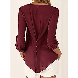 Mayntop Womens Tops Shirt Long Sleeve Chiffon Solid Color Plain Roll-Up Sleeves Plus Size V-Neck Button Loose Blouse(A Wine,M)