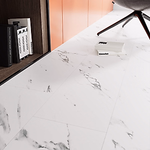 Stickyart 15-Piece White Peel and Stick Marble Vinyl Flooring for Bathroom Waterproof 12"x24" Self Adhesive Marble Floor Tile Stickers Peel and Stick Flooring for Kitchen Bedroom Laundry