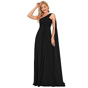 Ever-Pretty Women's Chiffon Bridesmaid Dress One-Shoulder Ruched Bust Long Flowy Formal Dresses Black US16