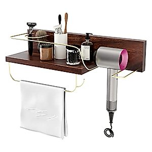 WELLAND Wooden Hair Dryer Shelf Hanging Rack Wall Mount Bathroom Organizer with Hair Dryer Holder Wall